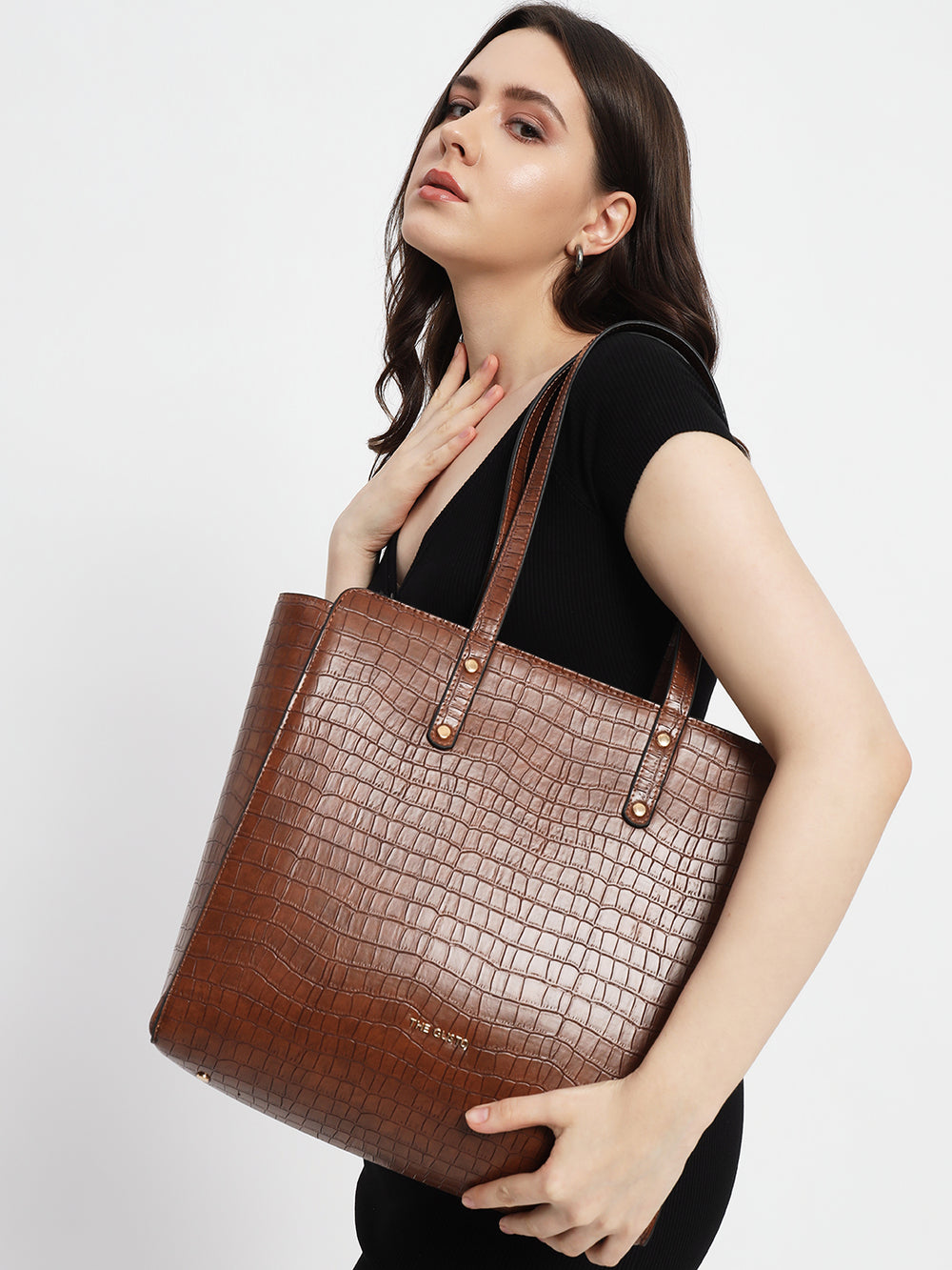 Beyond Croco Tote Bag with Zipper-Tan | The Gusto