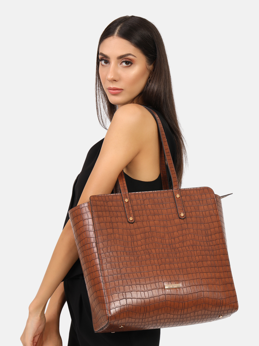 Beyond Croco Tote Bag with Zipper-Tan | The Gusto