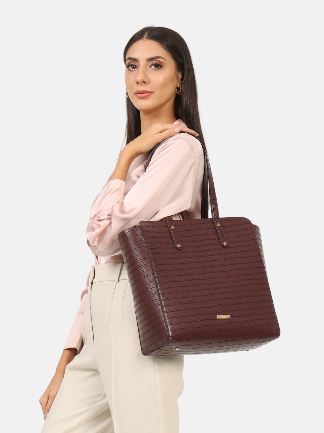 Beyond Croco Tote Bag with Zipper-Wine | The Gusto
